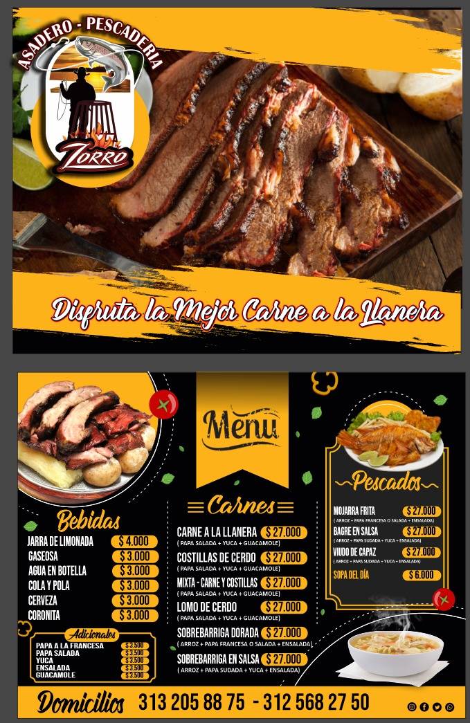 Menu at Asadero pescadería zorro restaurant, Girardot