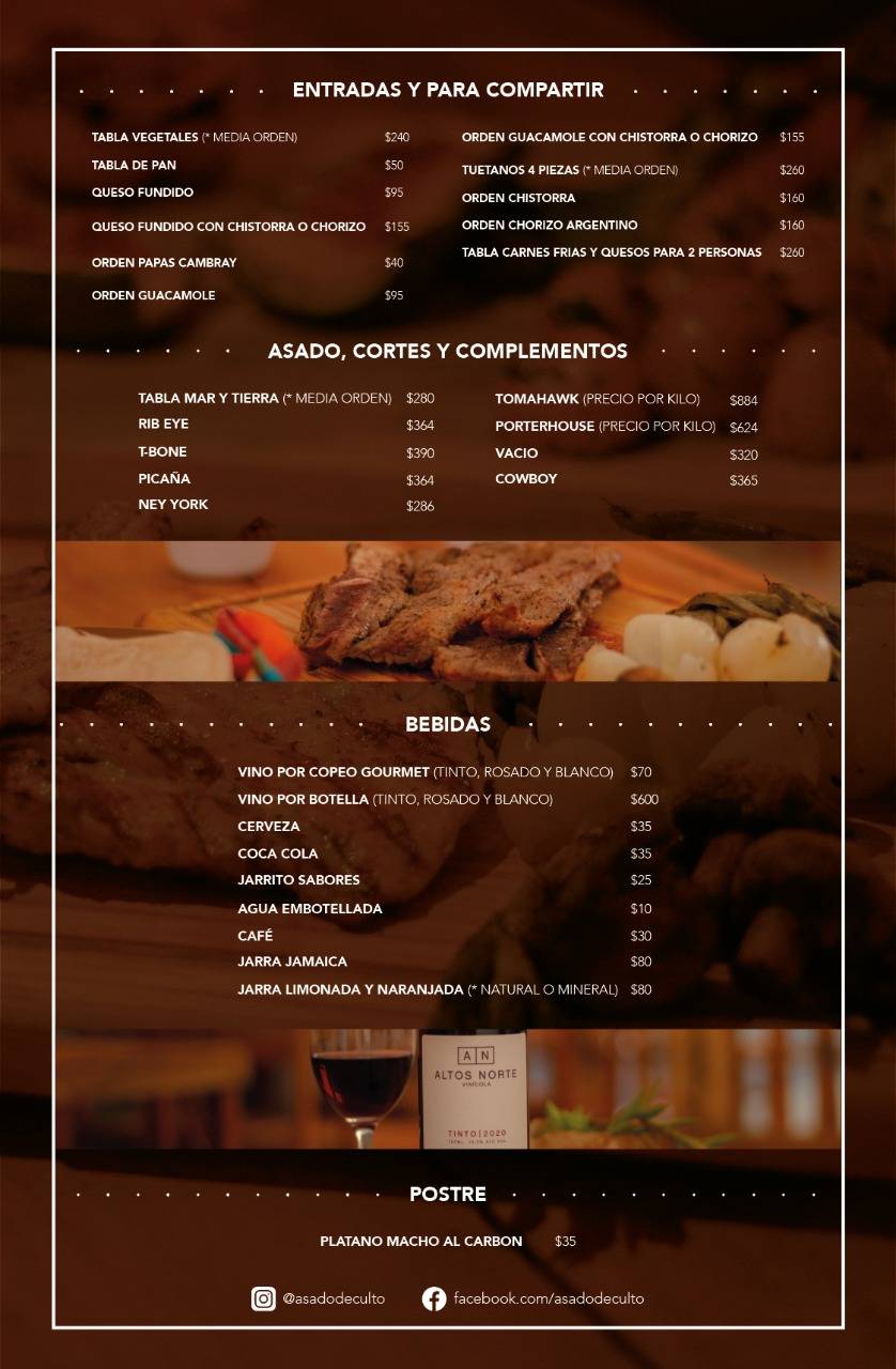 Menu at Asado de Culto restaurant, Coatzacoalcos