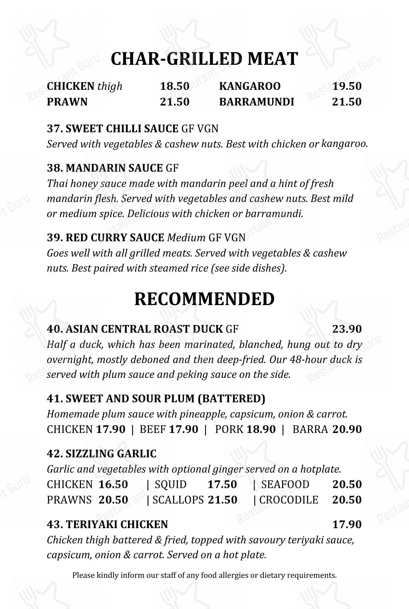 Menu at Asian Central Gawler restaurant, Gawler