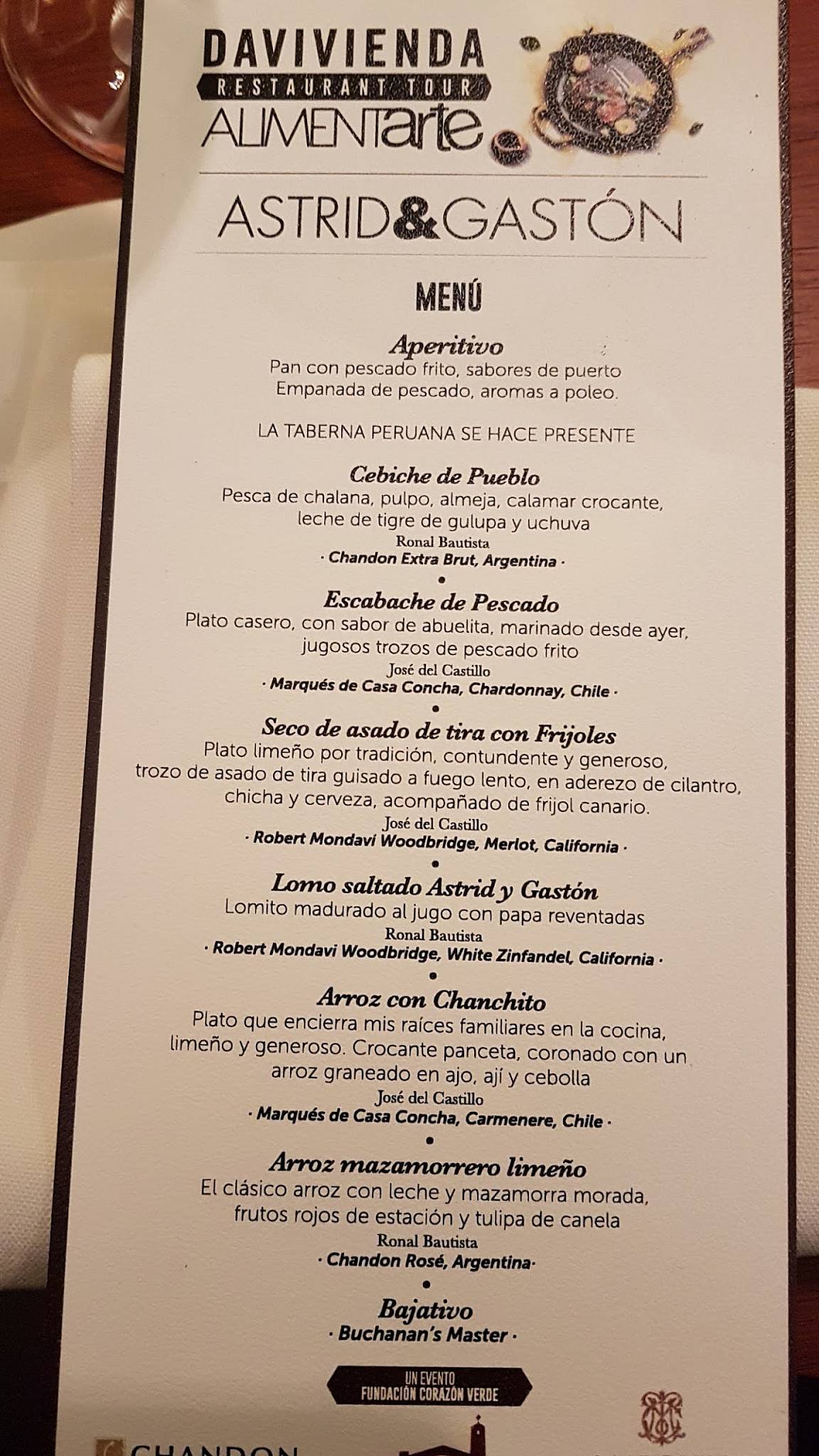 Menu at Astrid y Gaston restaurant, Bogotá