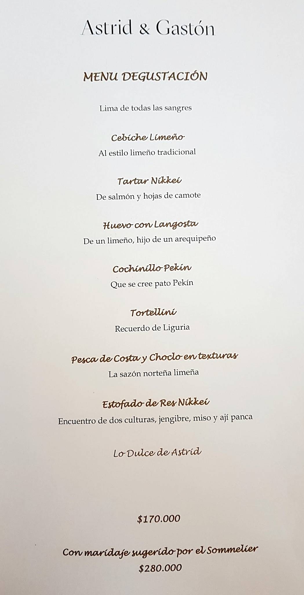Menu at Astrid y Gaston restaurant, Bogotá