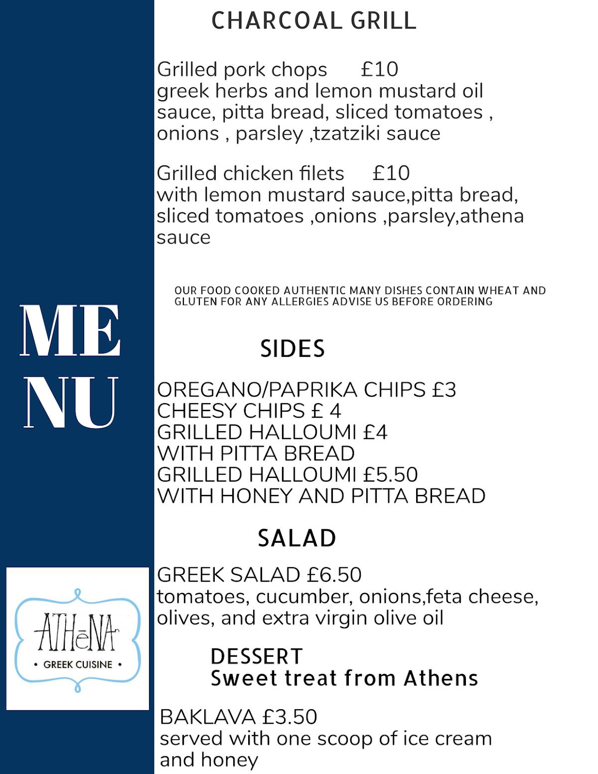 Menu at Athena restaurant, Radstock