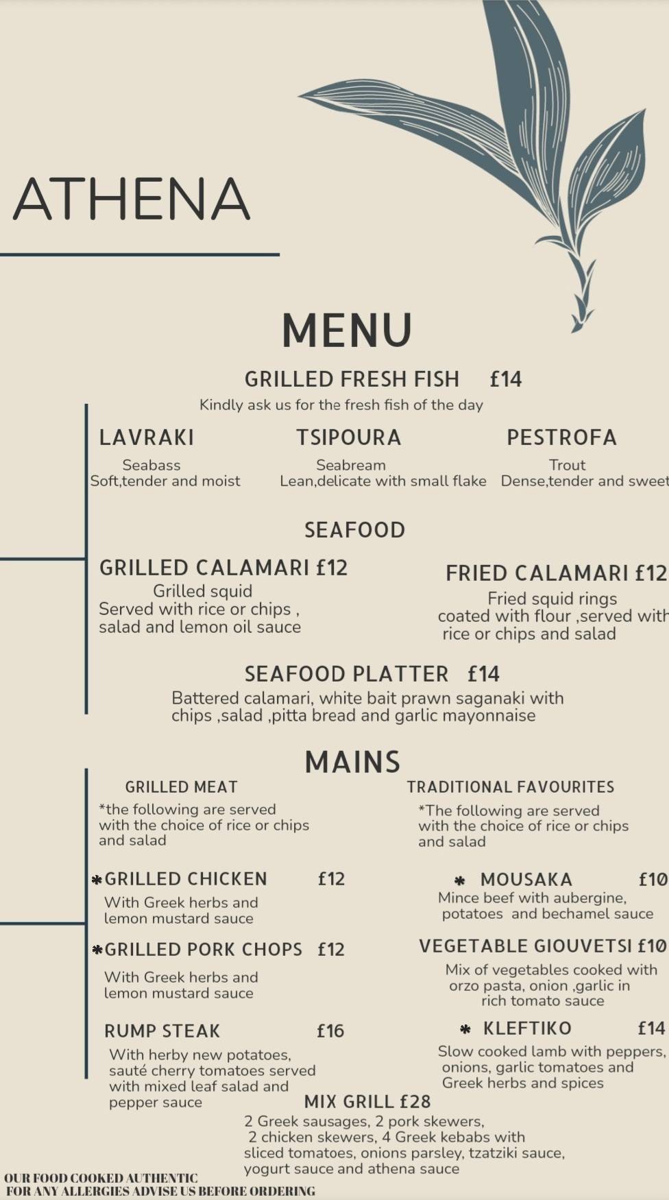 Menu at Athena restaurant, Radstock