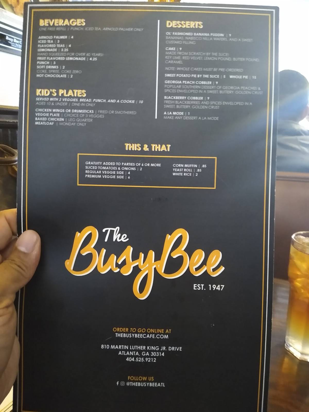 Menu at Busy Bee Cafe, Atlanta