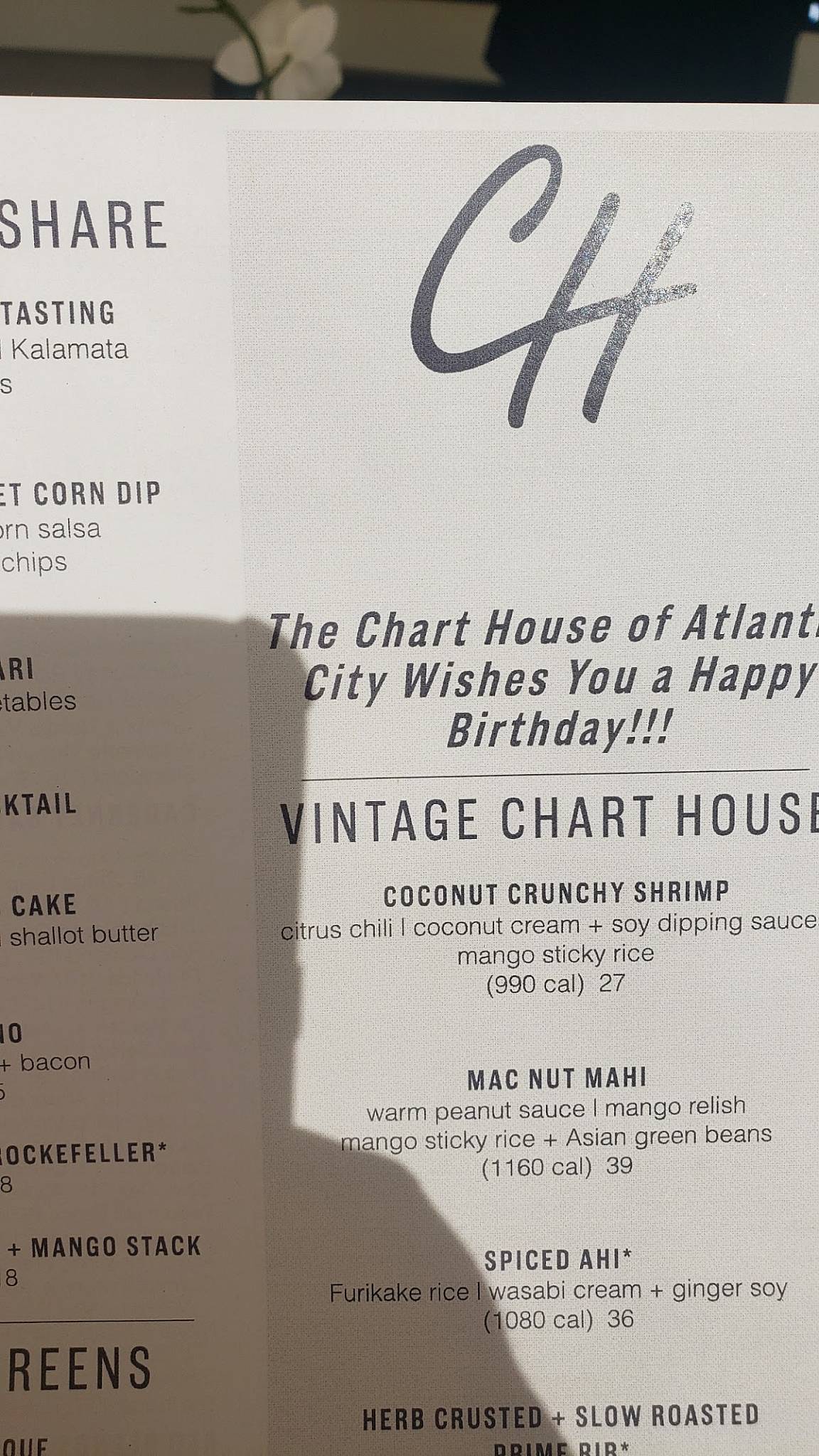Menu at Chart House steakhouse, Atlantic City