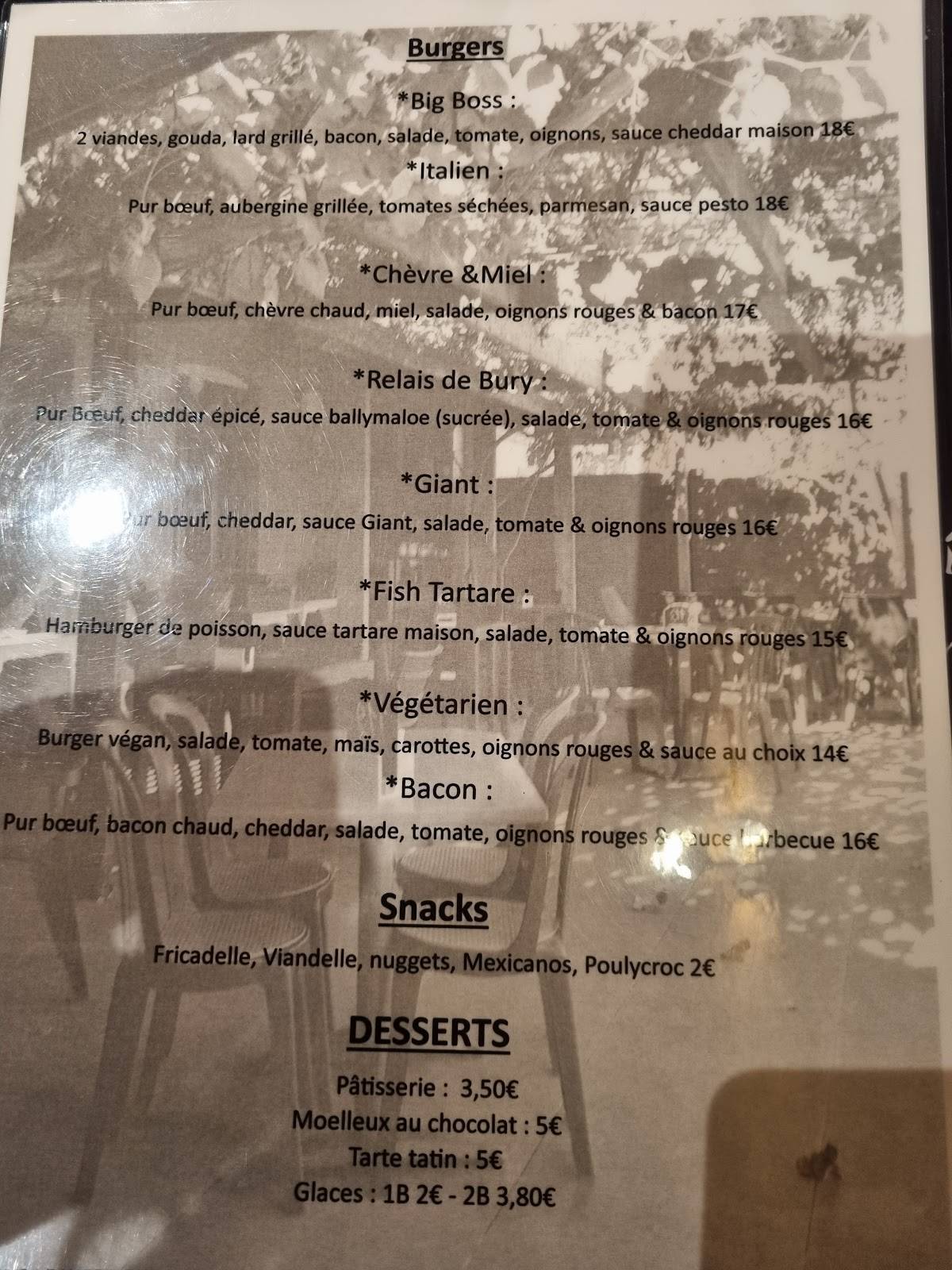 Menu au Au relais de Bury restaurant, Peruwelz