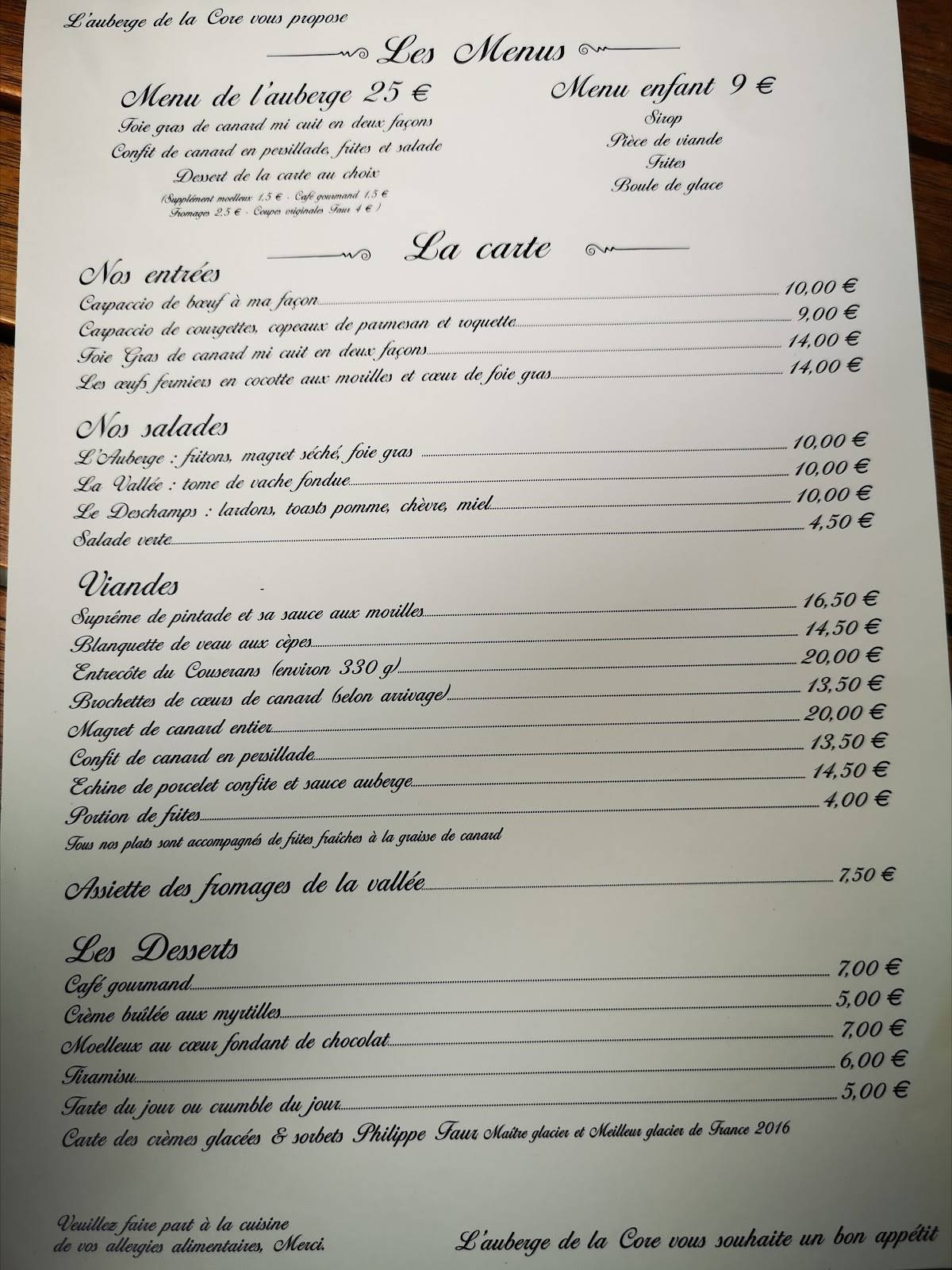 Menu au Auberge de la Core restaurant, Arrien-en-Bethmale, Le Village