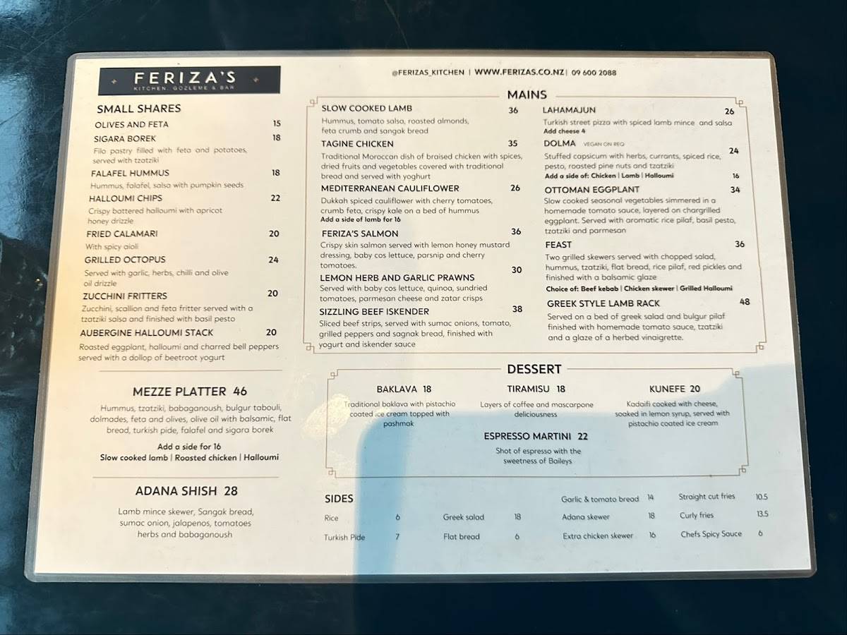 Menu at Feriza's restaurant, Auckland