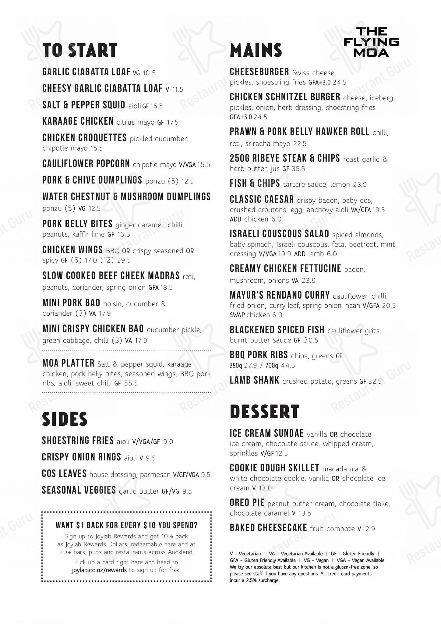 Menu at The Flying Moa pub & bar, Auckland