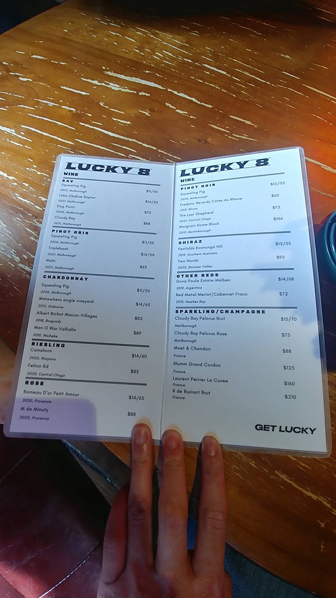 Menu at Lucky 8 restaurant, Auckland