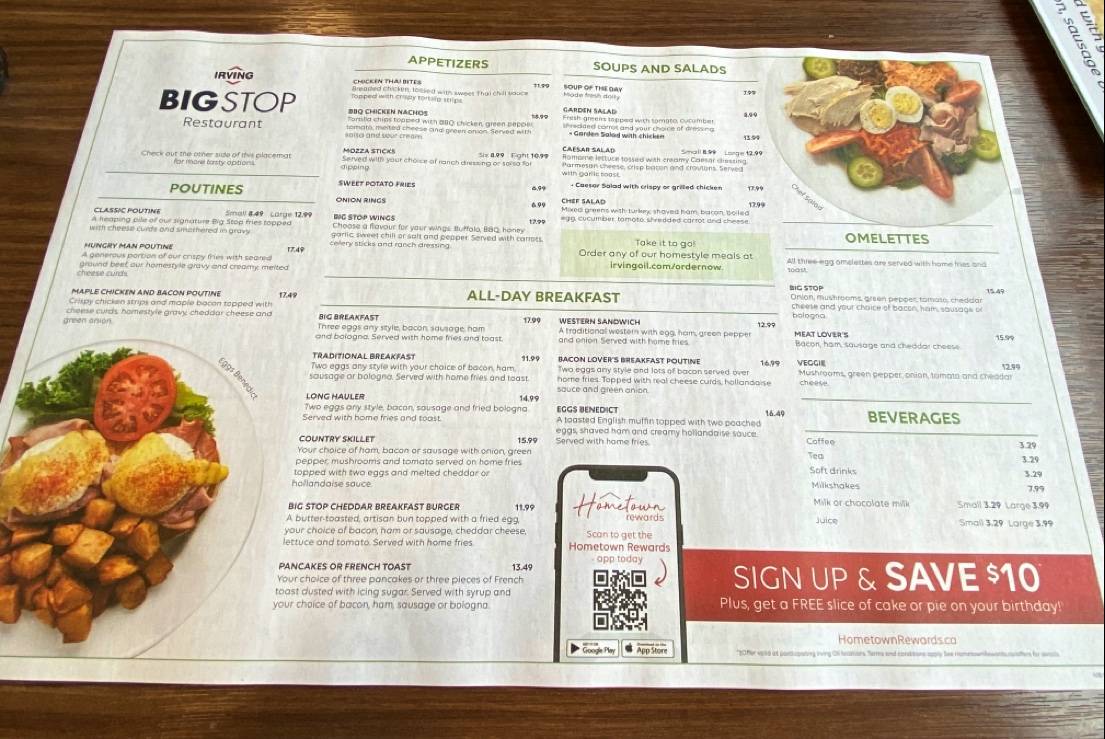 Menu at Aulac Big Stop Restaurant, Aulac, 170 Aulac Rd