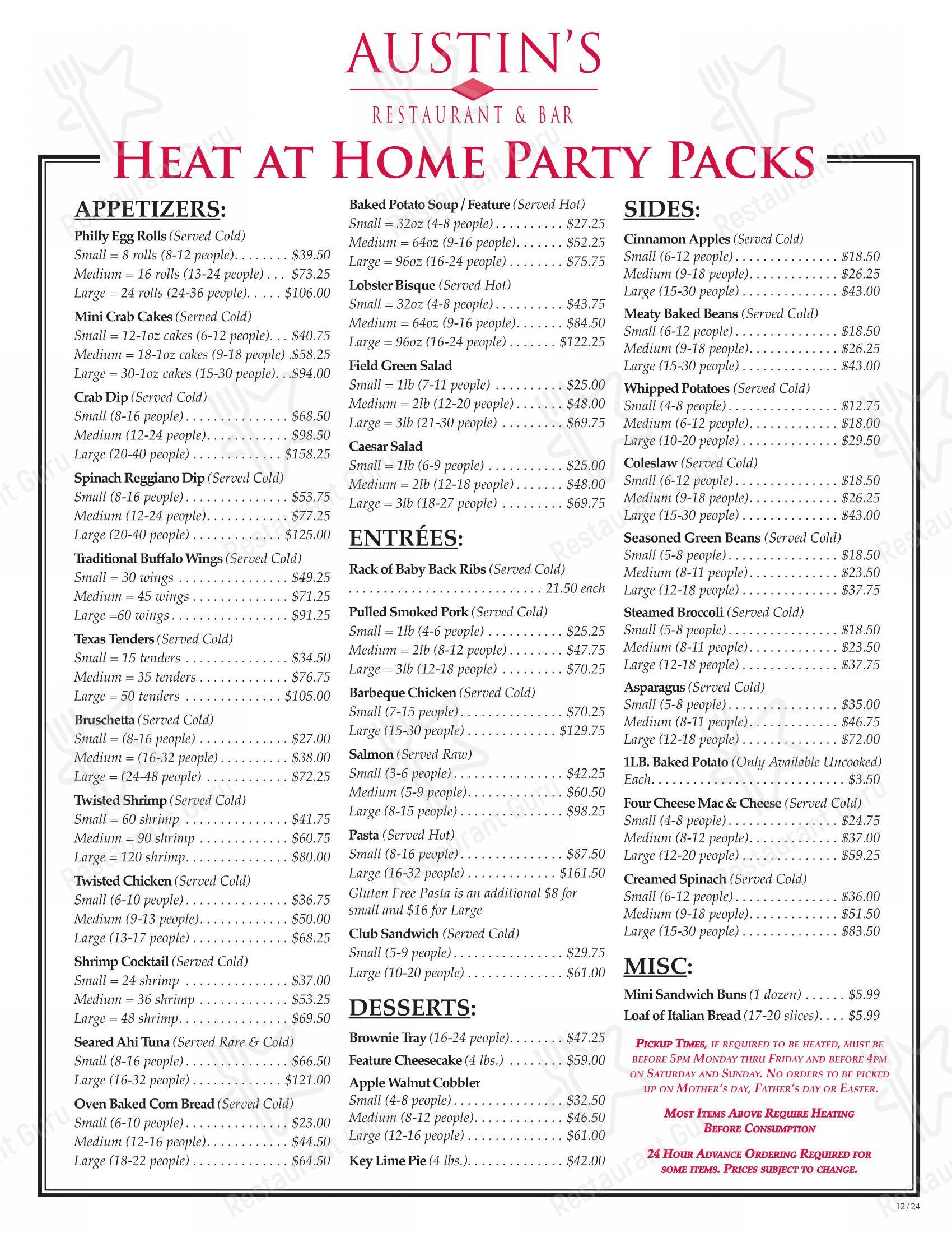 Menu at Austin's Restaurant & Bar, West Lawn