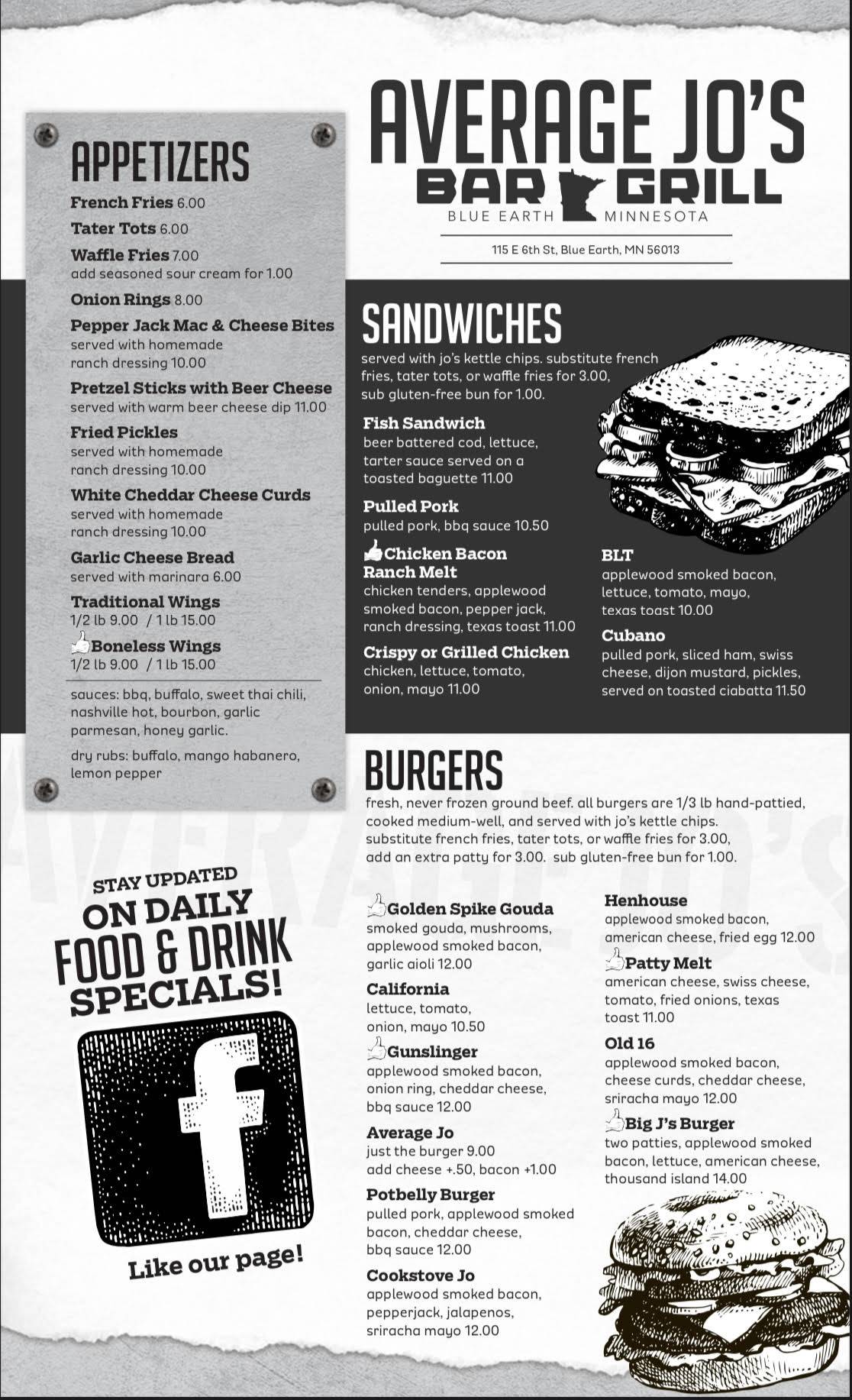 Menu at Average Jo's Bar & Grill, Blue Earth