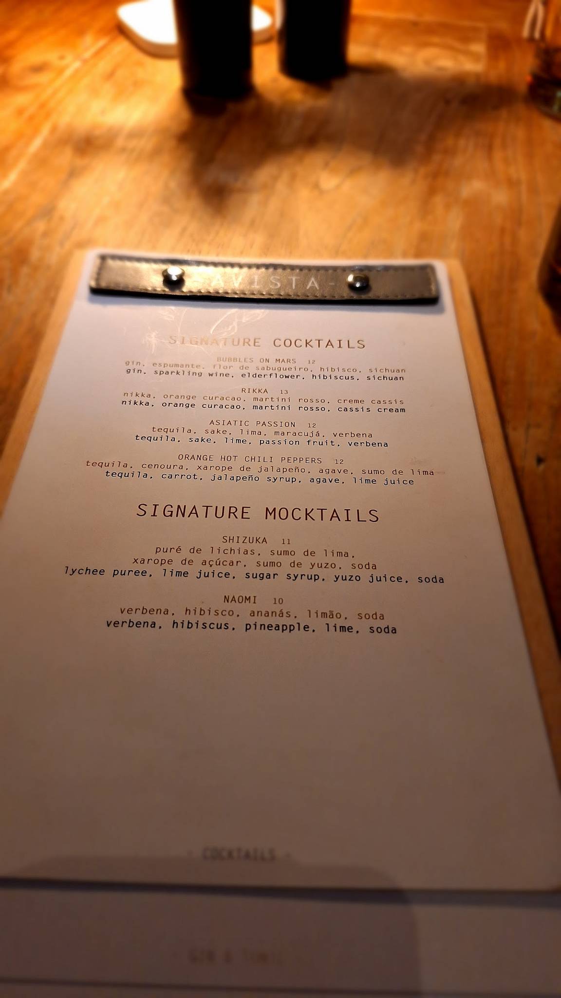 Menu at Avista Ásia restaurant, Funchal