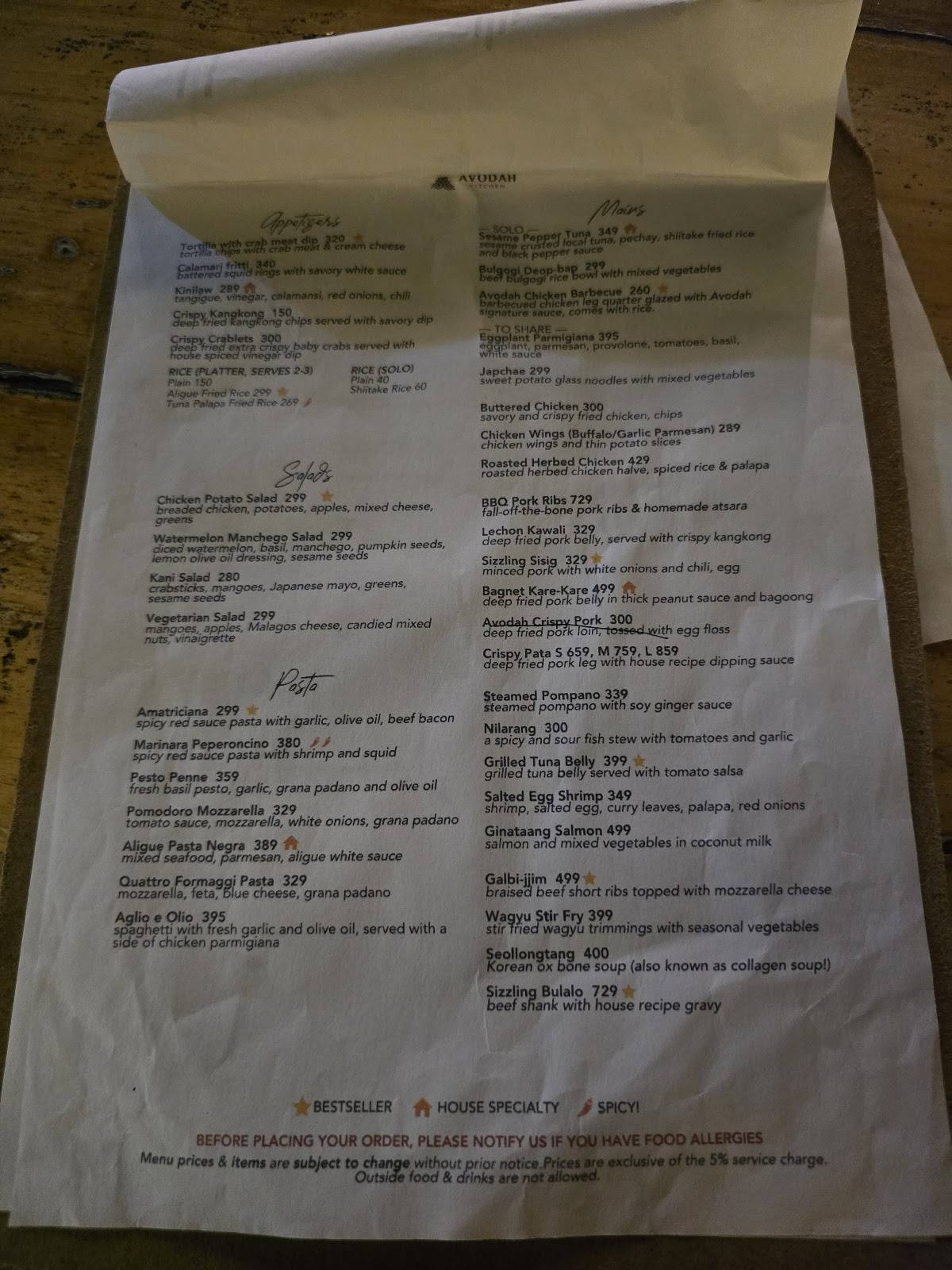 Menu at Avodah Kitchen restaurant, Iligan City