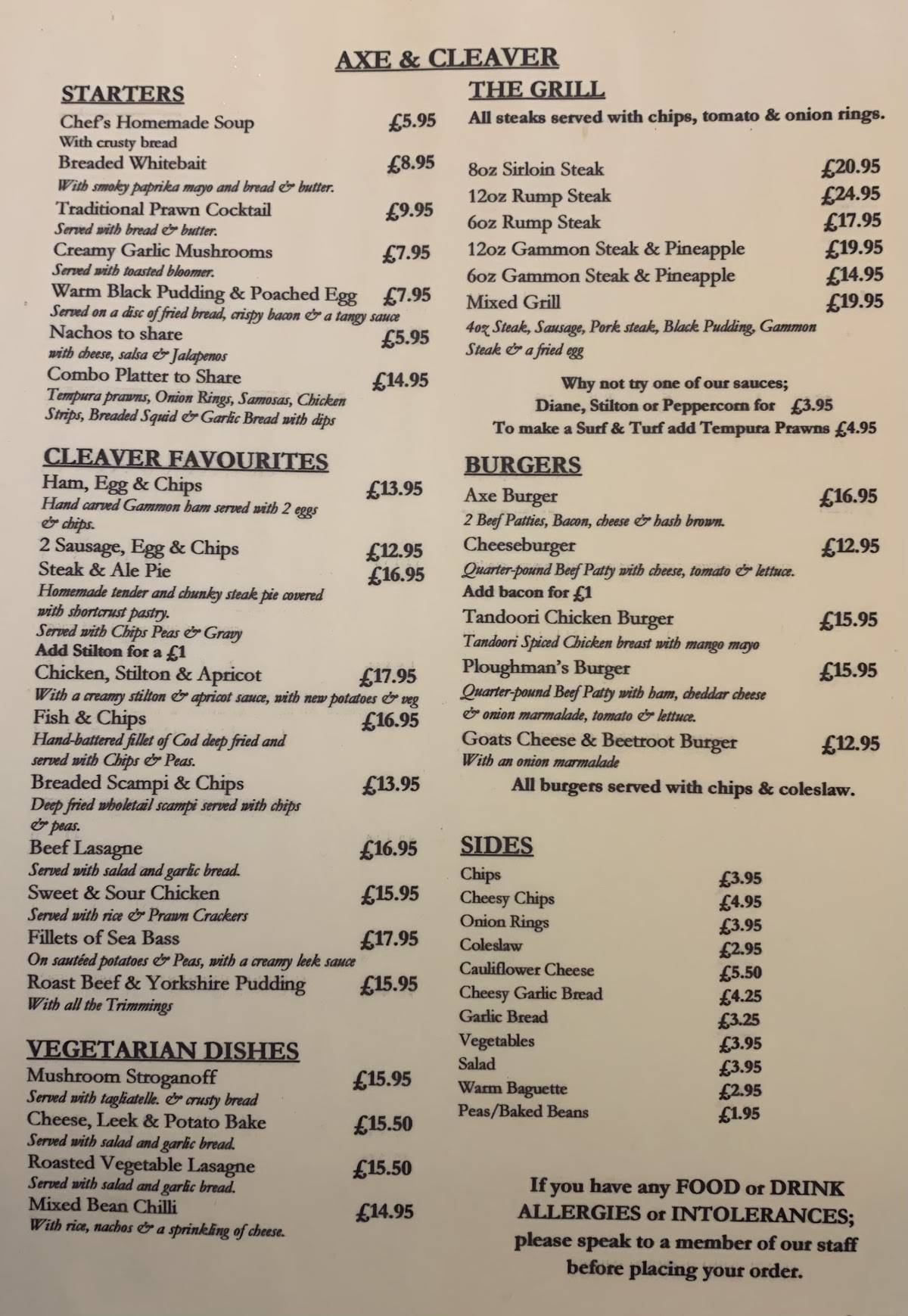 Menu at Axe & Cleaver pub & bar, England, A49