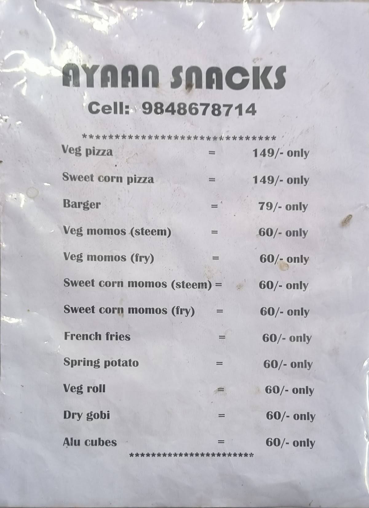 Menu at Ayaan snacks, Guntakal