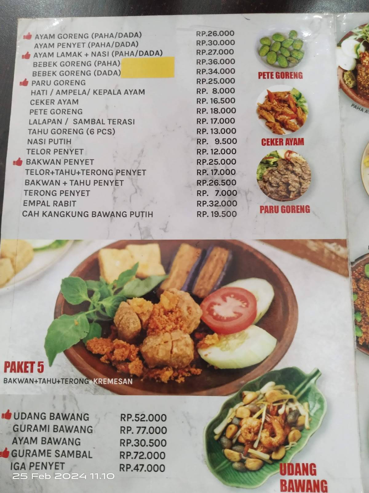 Carta del restaurante Ayam Goreng Sinar Pemuda, Surabaya, Jl. Raya ...