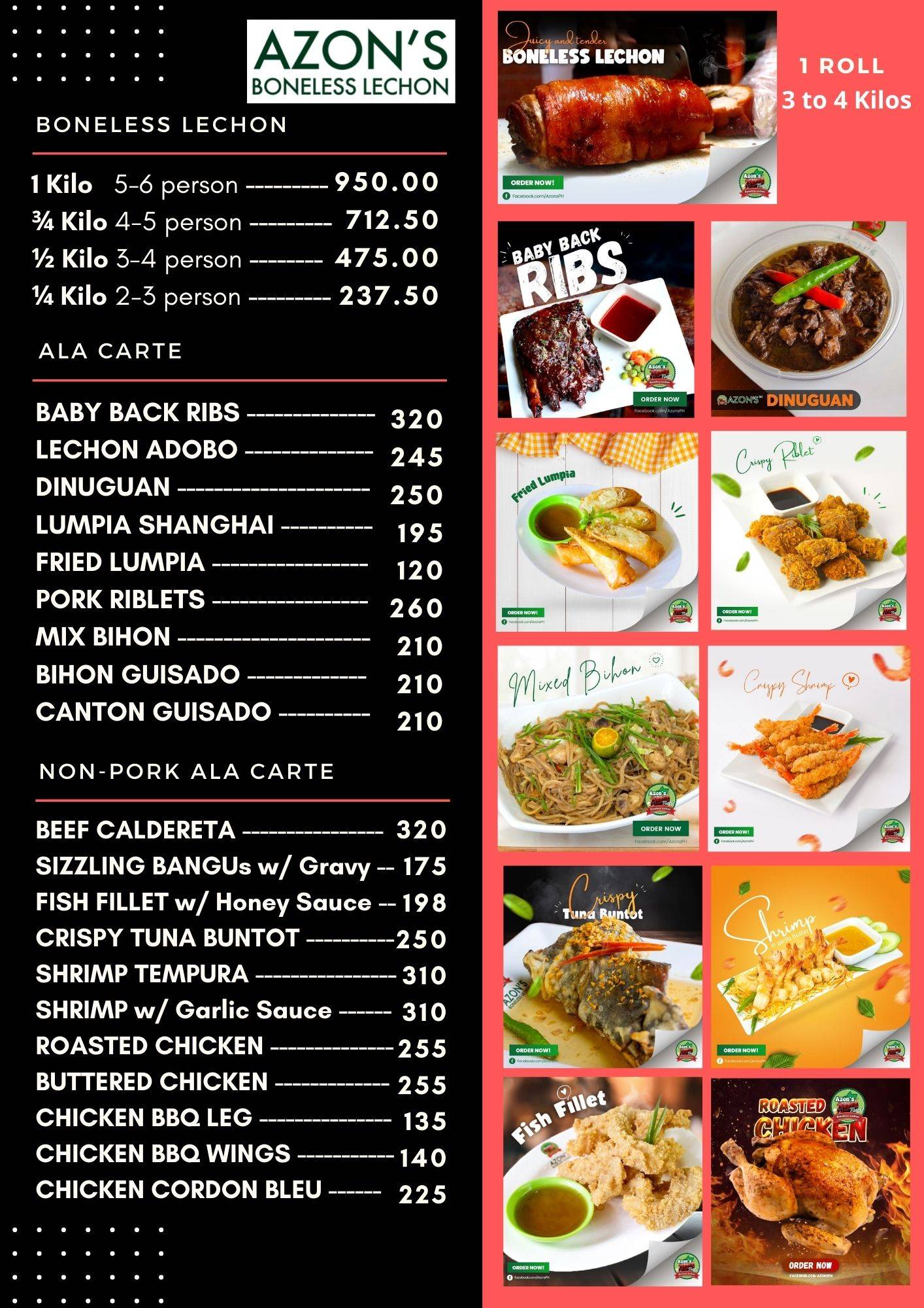 Carta del restaurante Azon's Boneless Lechon, Dávao, J.P. Laurel Avenue