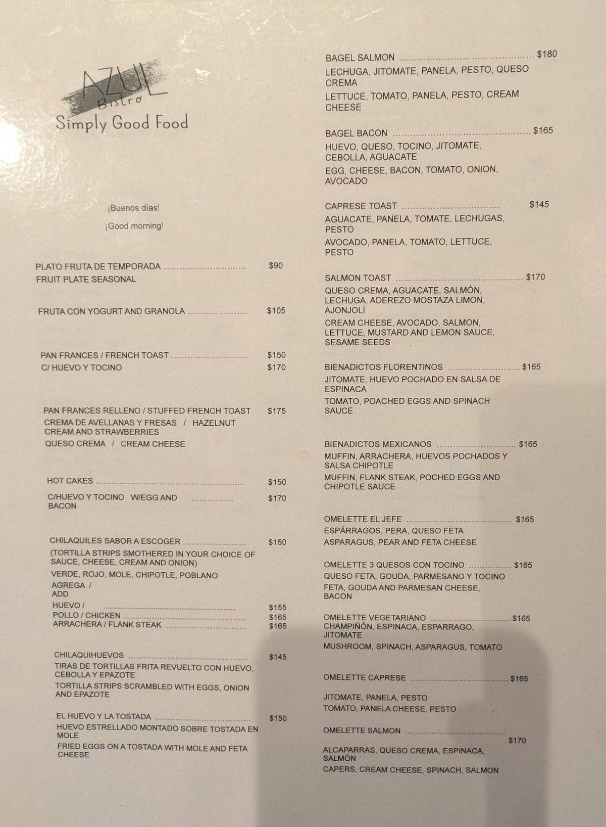 Menu at Azul Bistro restaurant, Puerto Vallarta, Ignacio L. Vallarta 372