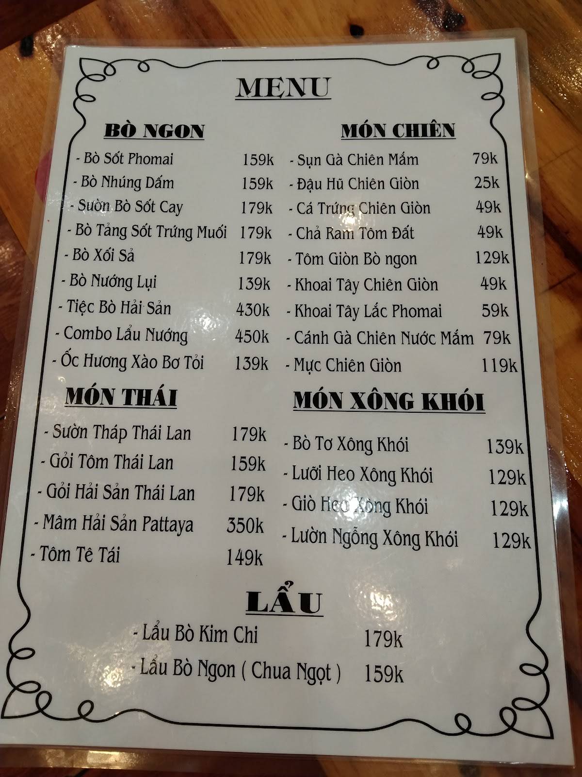 Menu at Bò Ngon restaurant, Bao Loc, 81 Hoàng Văn Thụ