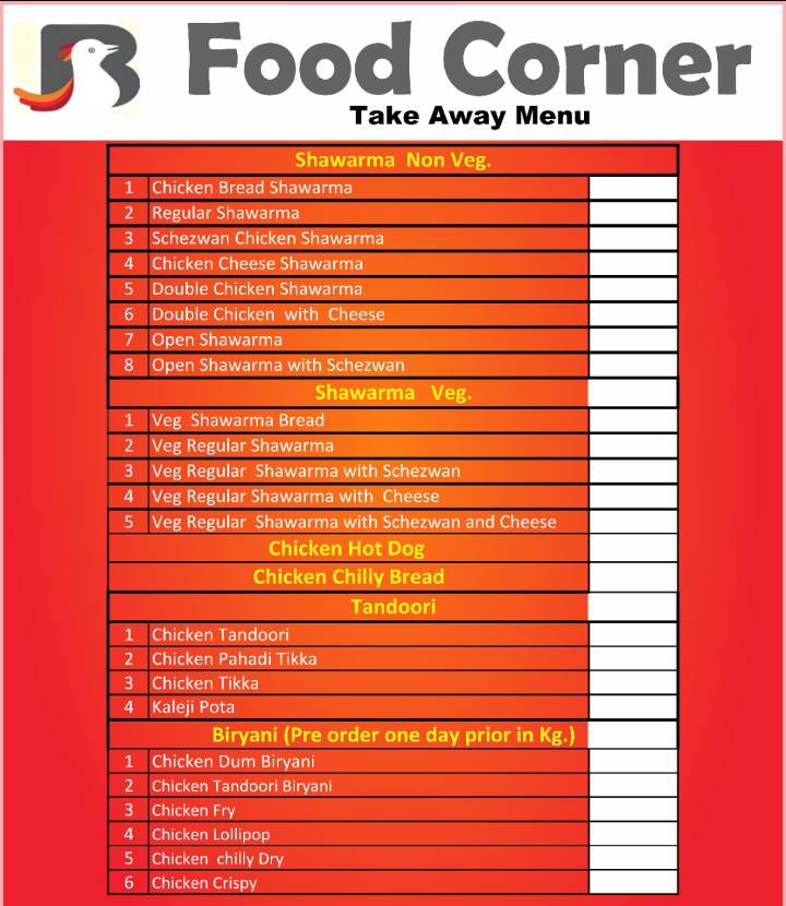 Menu at B3 Food Corner, Mumbai
