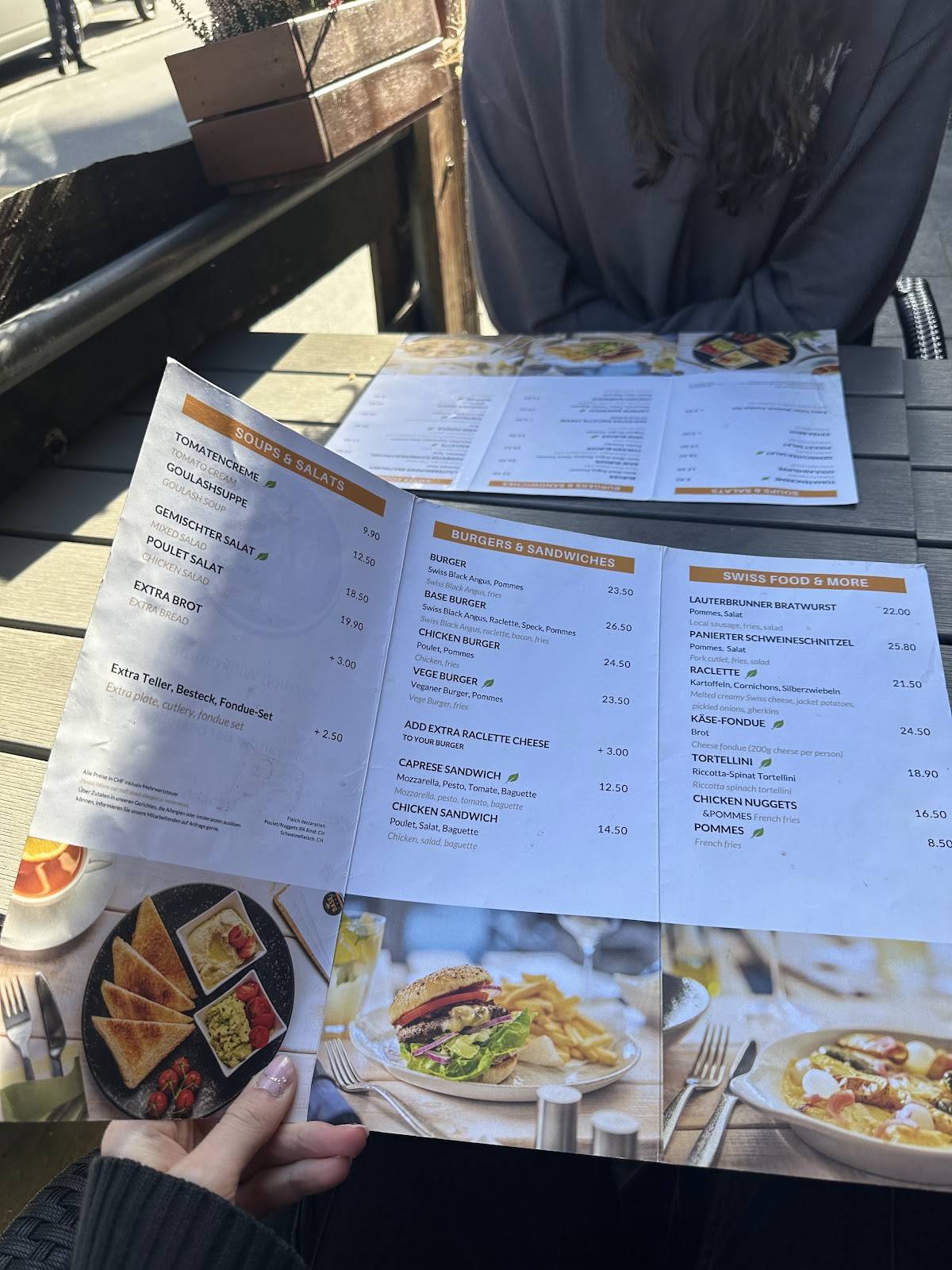 Menu at BASE Cafe, Lauterbrunnen