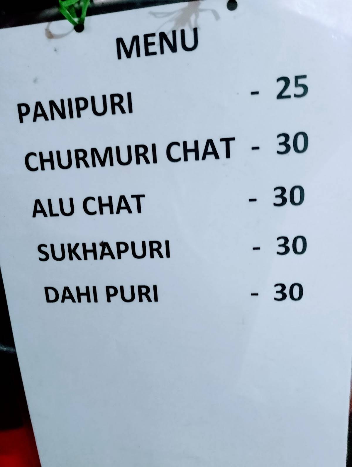 Menu at Ram Kumar pani puri shop, Bengaluru