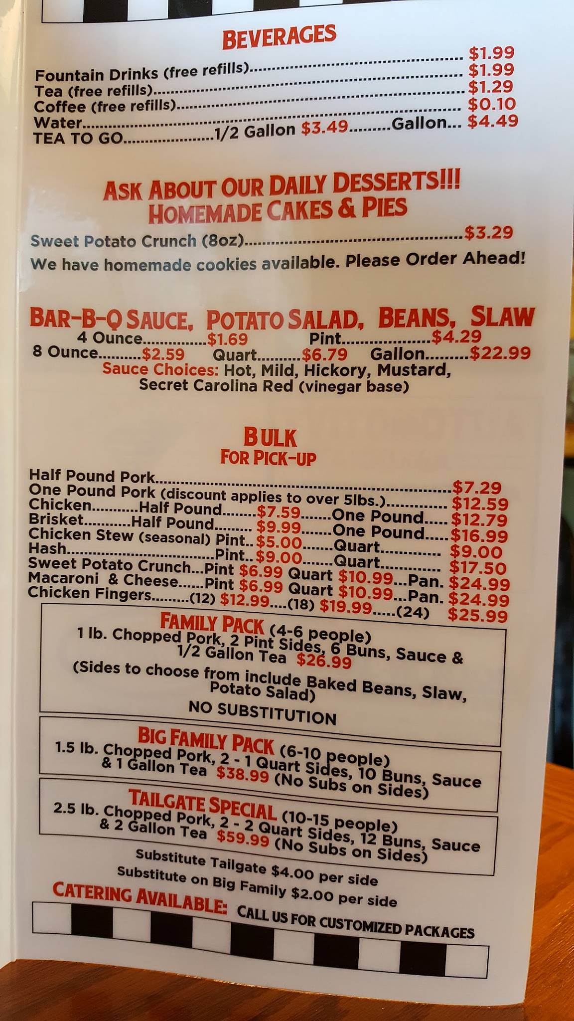 Menu at Little Pigs BBQ, Spartanburg