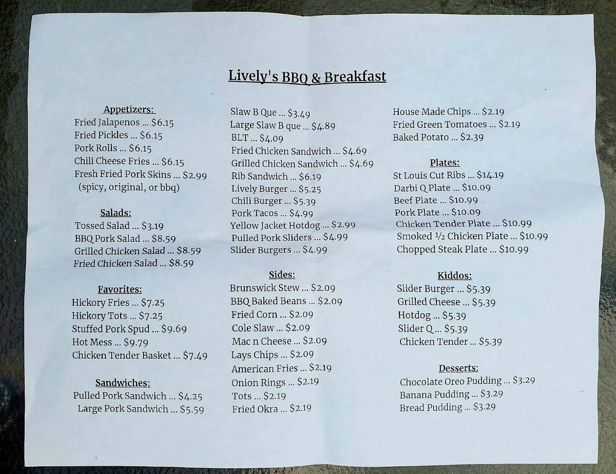 Menu at Livelys BBQ and Breakfast, Cedartown