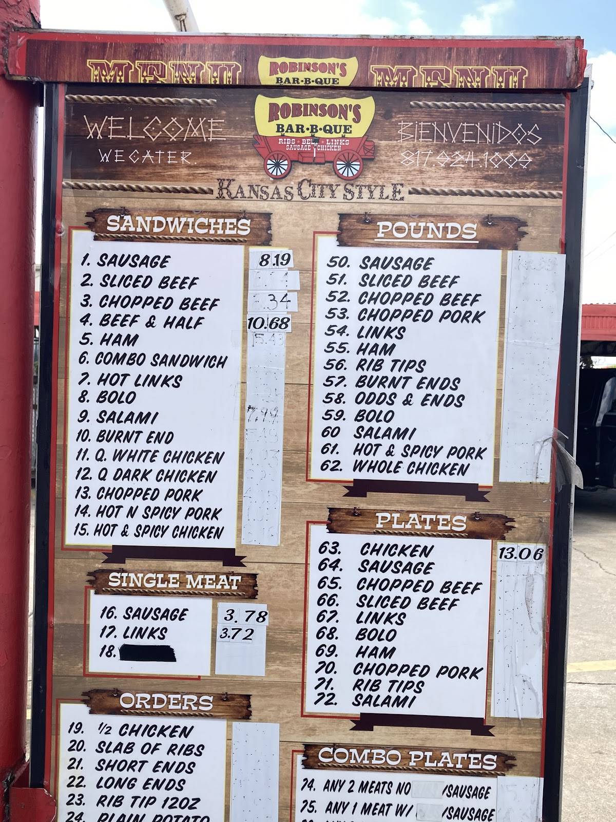 Menu at Robinson's bar-b-que, Fort Worth