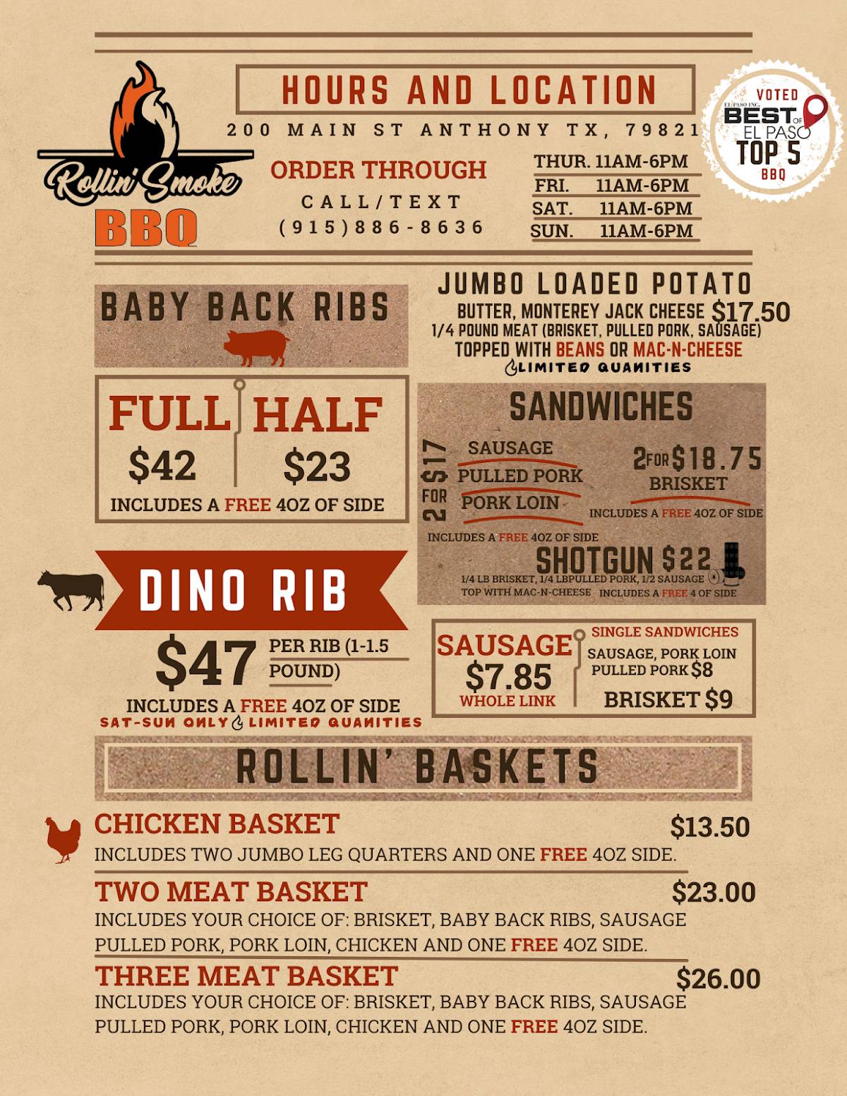 Menu at Rollin' Smoke BBQ, Anthony