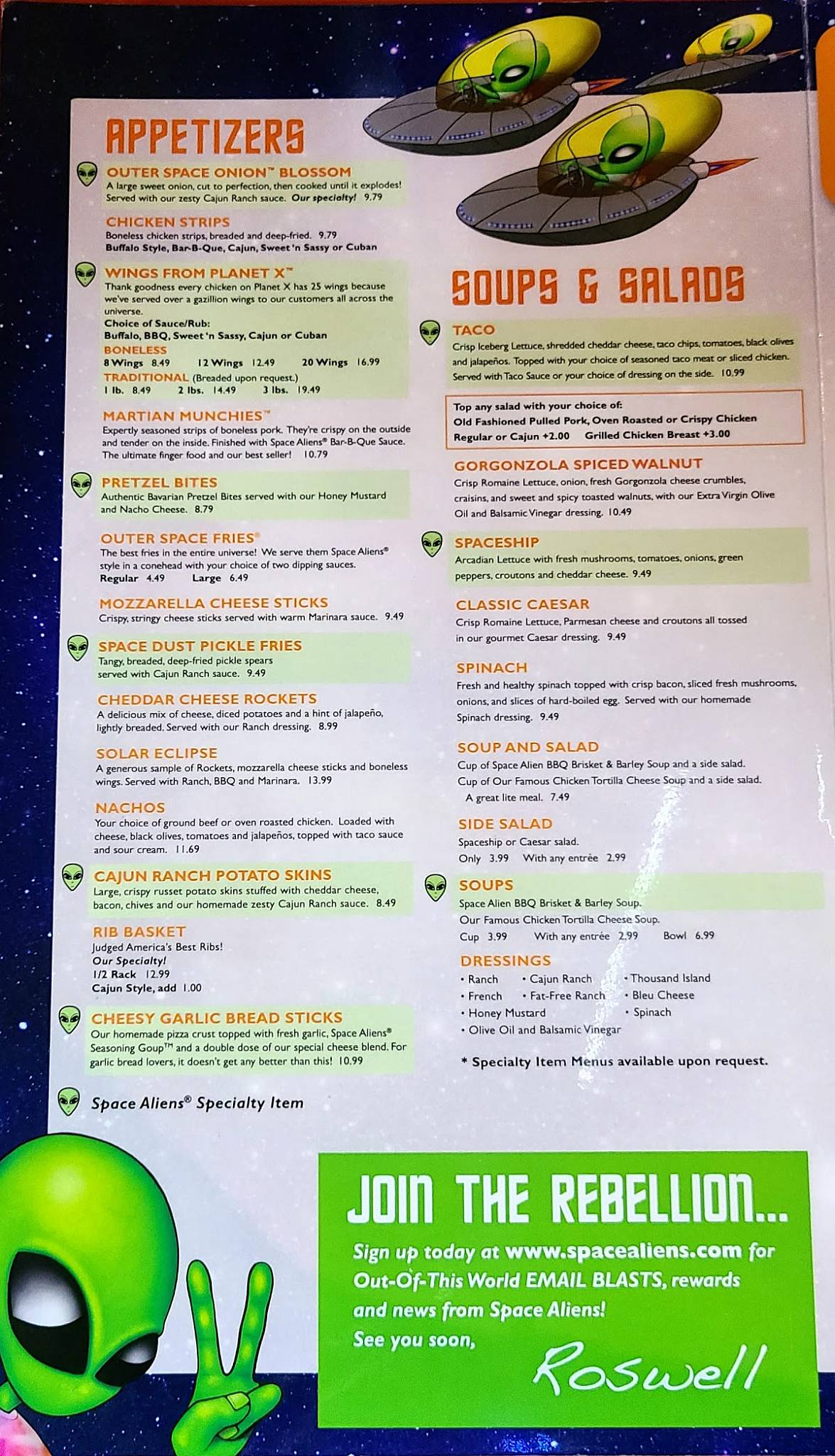Menu at Space Aliens Grill & Bar, Bismarck