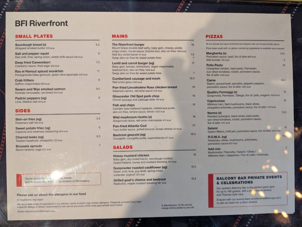 Menu at BFI Riverfront pub & bar, London