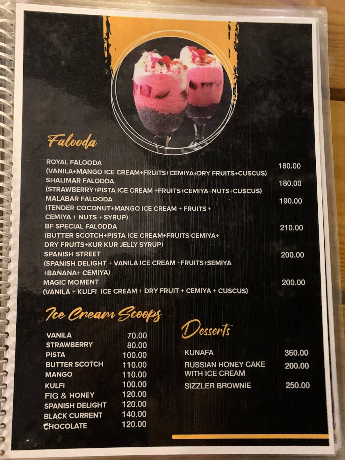 Menu at Black Fort, Thiruvalla