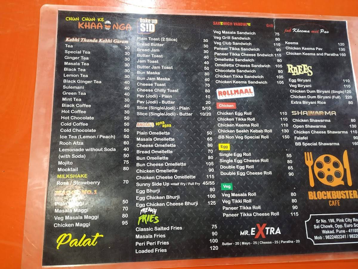 Menu at BLOCKBUSTER Cafe, Pune, Kaspate Wasti Rd