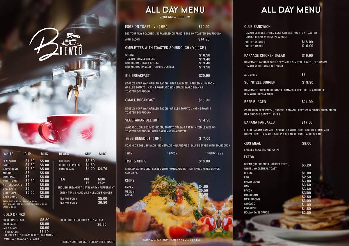 Menu at BREWED cafe, Thornlie