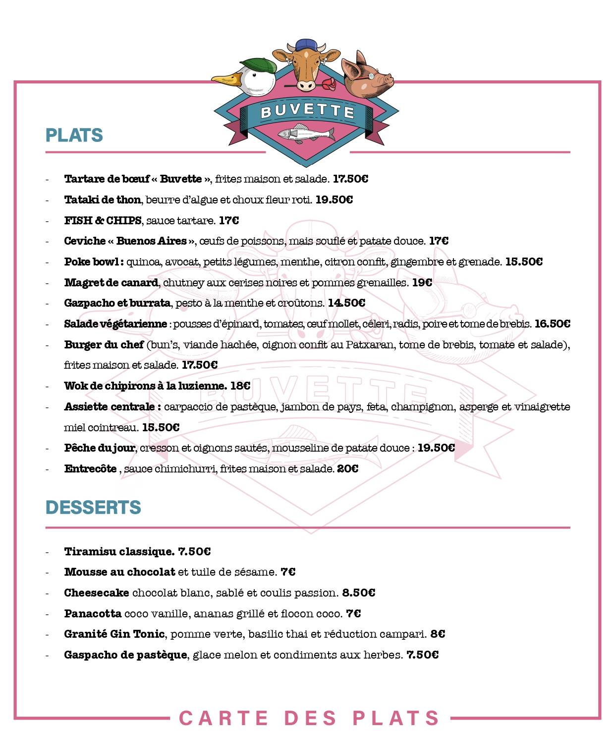 Carta del pub y bar BUVETTE 40, Soorts-Hossegor