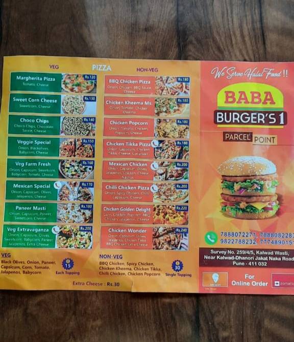 Menu at Baba Burger's 1, Pune