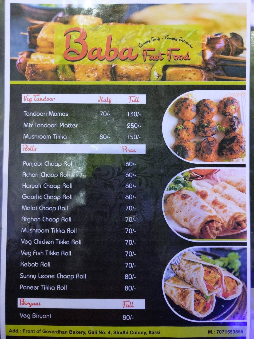 Menu at Baba fast food, Itarsi