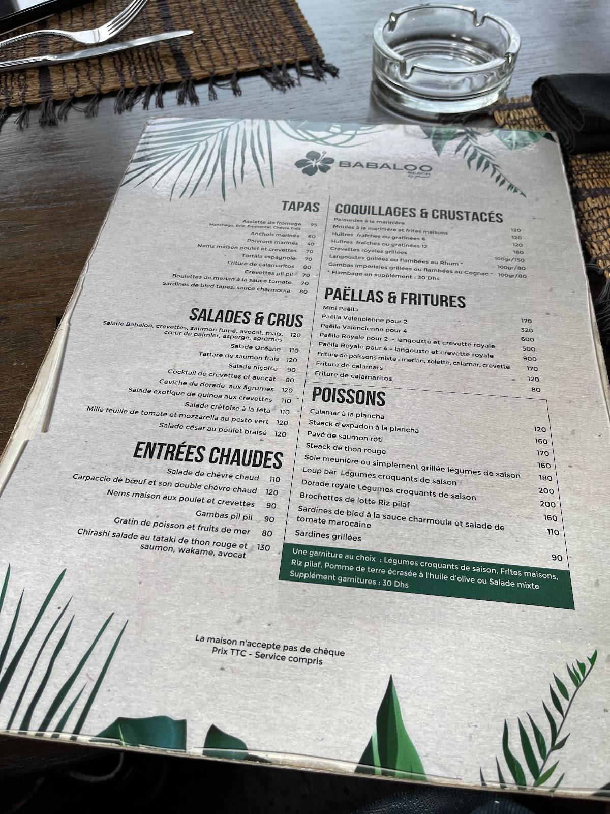 Menu at Babaloo restaurant, Tamaris, P3012