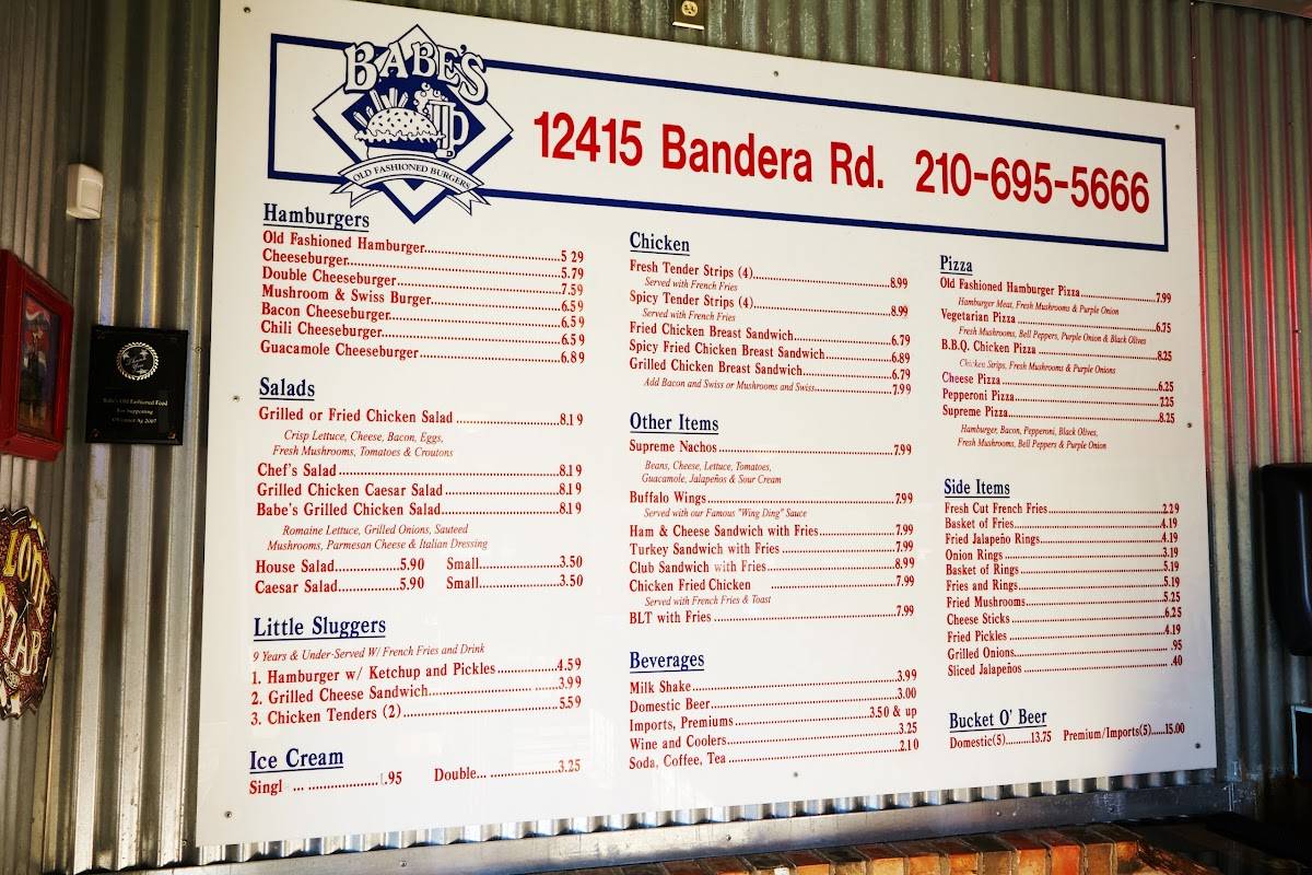 Menu at Babe's Old Fashioned Food pizzeria, Helotes, Bandera Rd