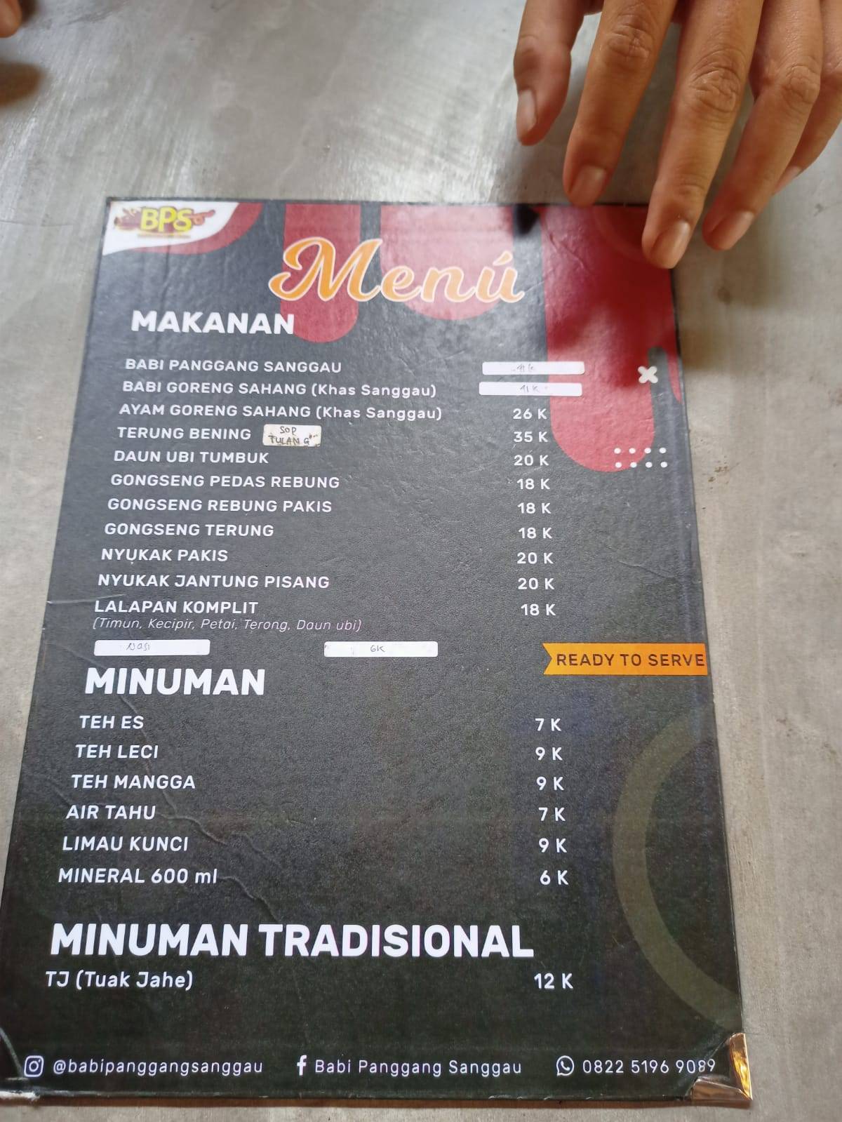Menu at Babi Panggang Sanggau (BPS) restaurant, Pontianak
