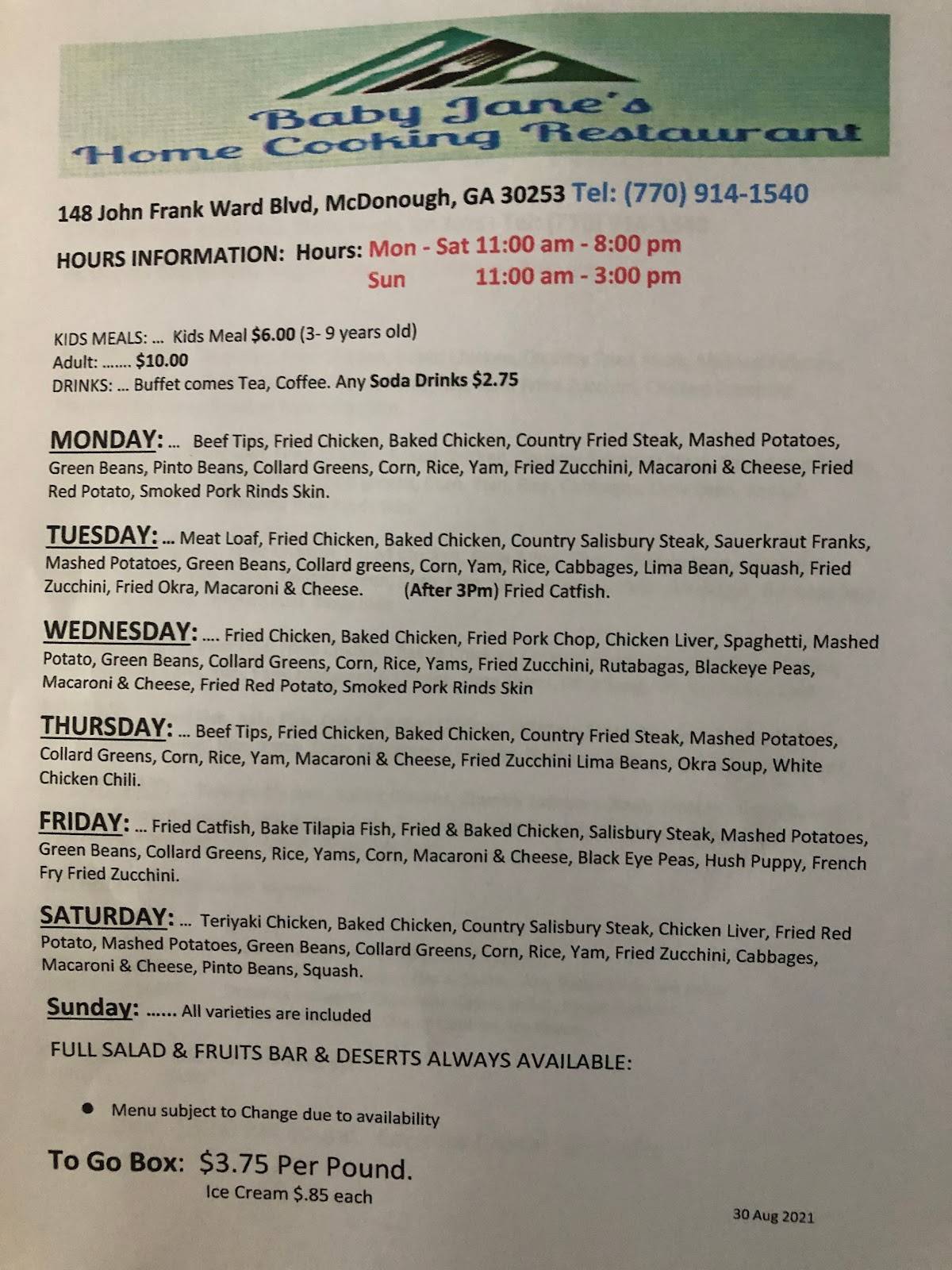 Menu at Baby Jane's Home Cooking restaurant, McDonough
