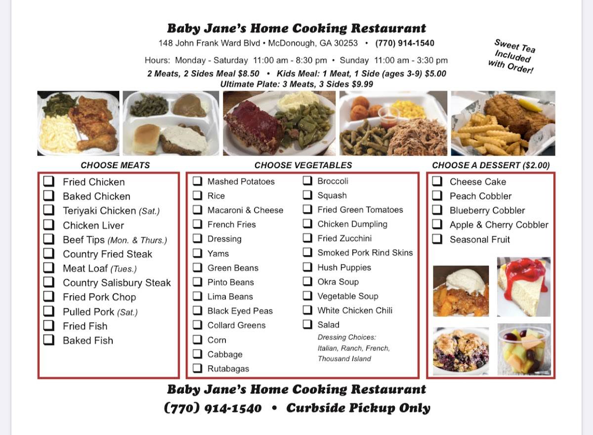 Menu at Baby Jane's Home Cooking restaurant, McDonough