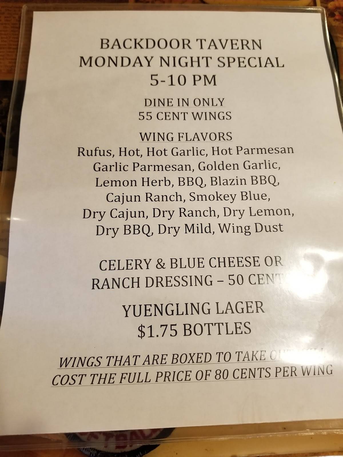 Menu at Back Door Tavern pub & bar, New Brighton