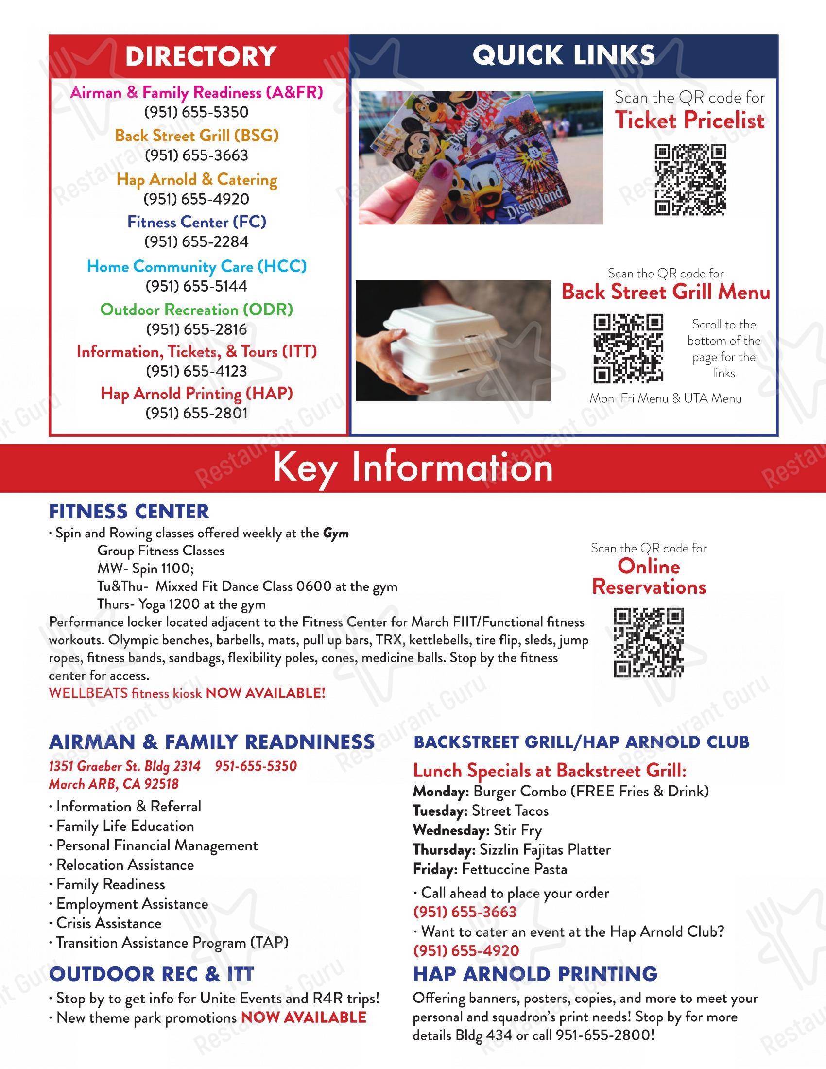 Menu at Back Street Grill cafe, March Air Reserve Base, 870 Adams Ave ...