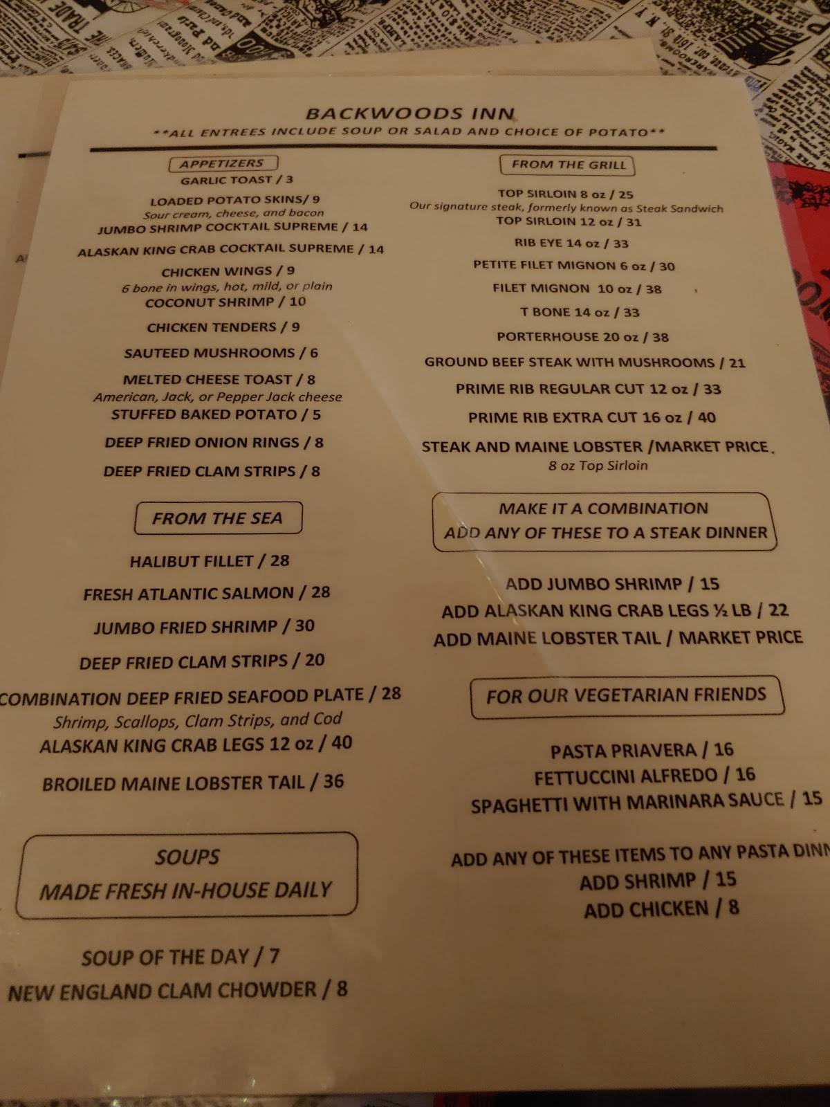 Menu at Backwoods Inn pub & bar, Santa Clarita