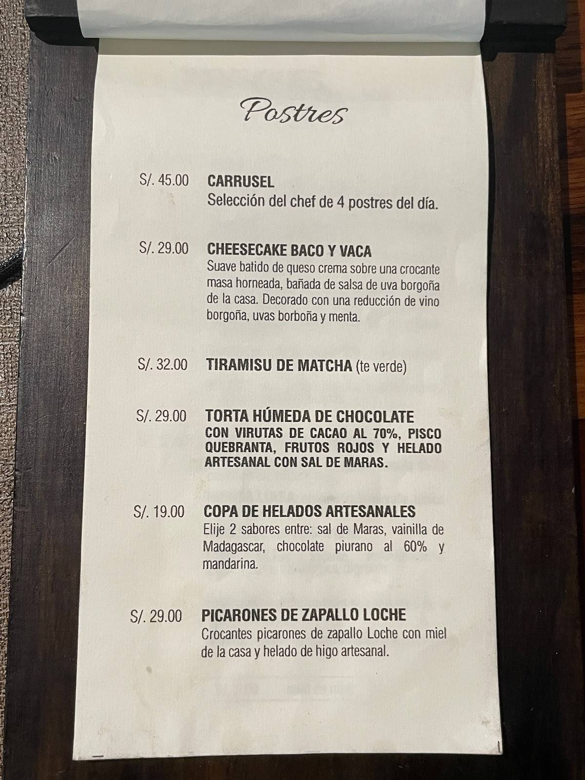 Carta del restaurante Baco y Vaca | San Isidro, Lima