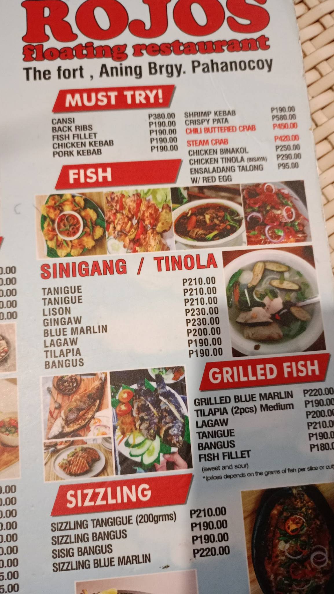 Menu at Rojo's Beach Resort and Floating Restaurant, Bacolod